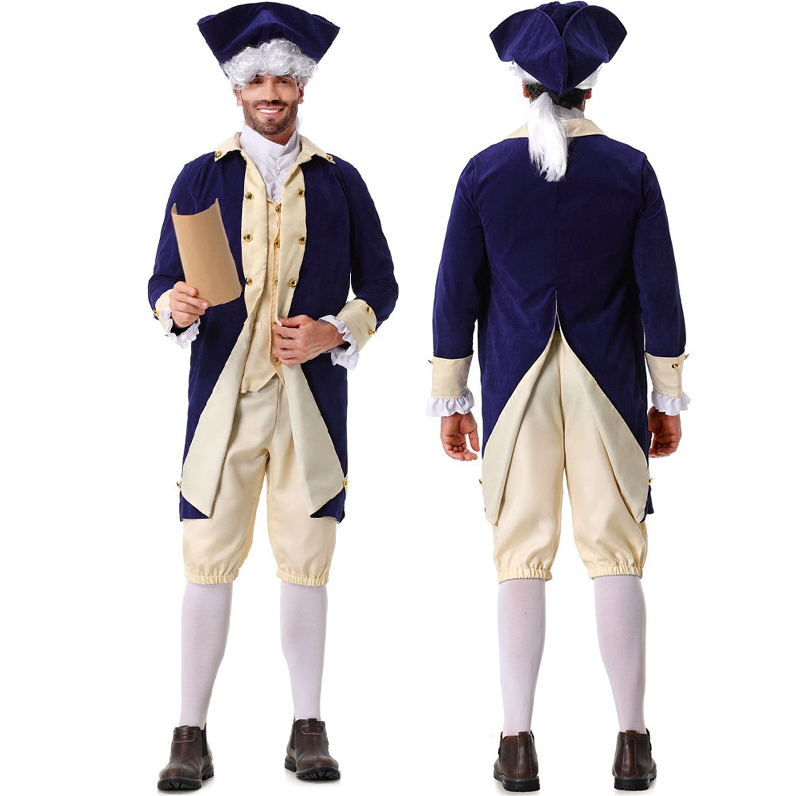 Adult Men Military Cosplay Costume Colonial Uniform Blue Coat Ivory Ve