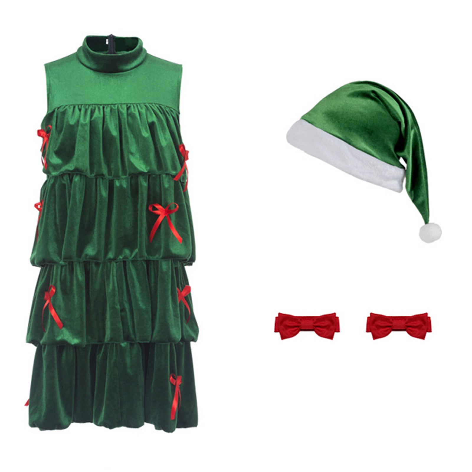 Adult Women Christmas Tree Cosplay Costume Green Dress Hat Red Bowknot
