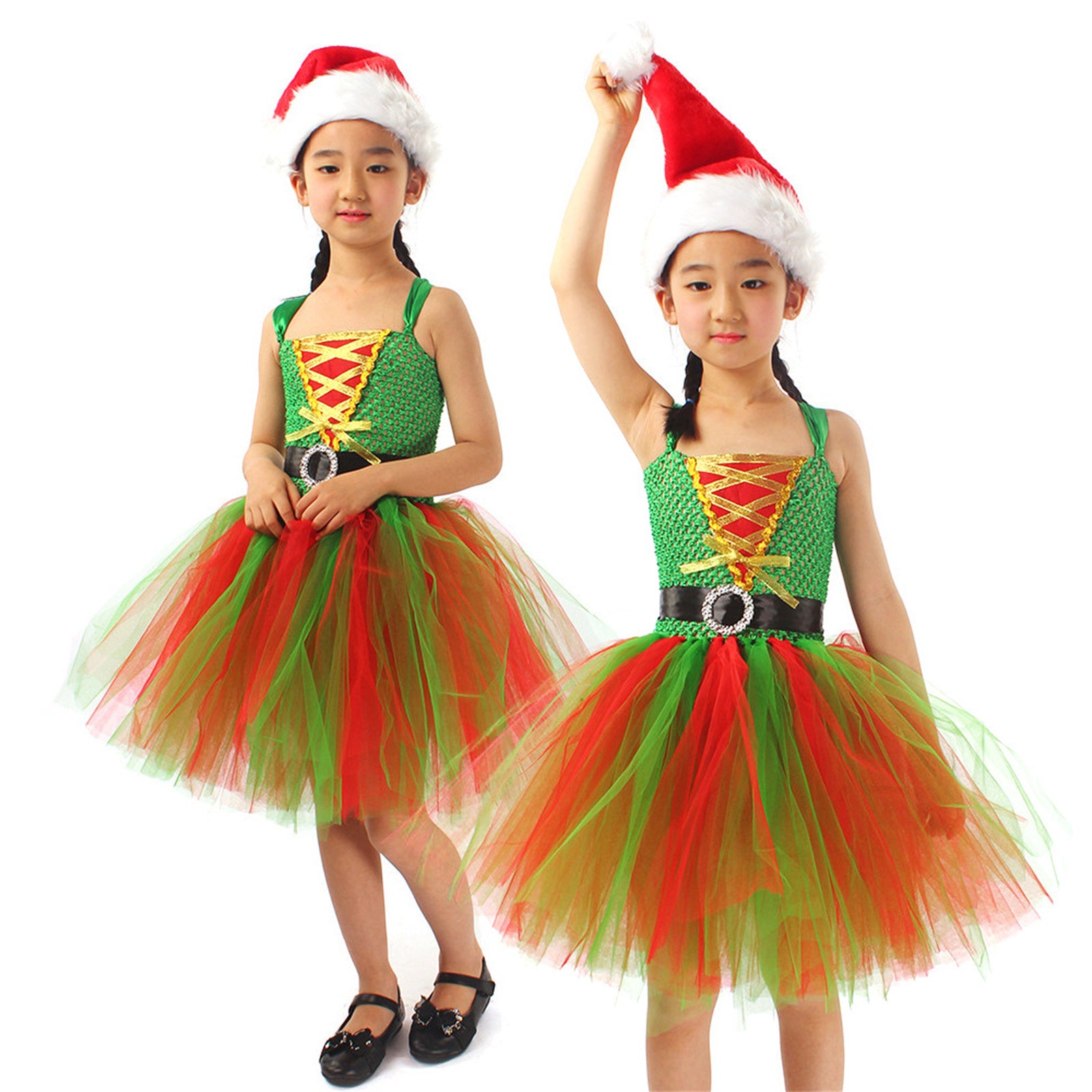 Child Girls Christmas Elf Cosplay Costume Performance Tutu Dress Hat S