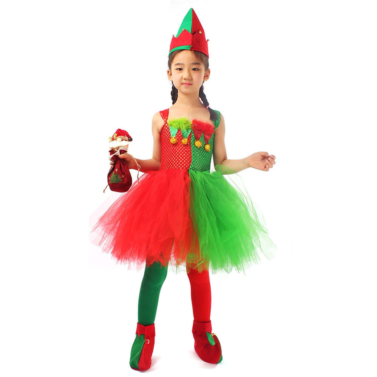 Child Girls Santa Claus Elf Cosplay Costume Performance Tutu Dress Sto