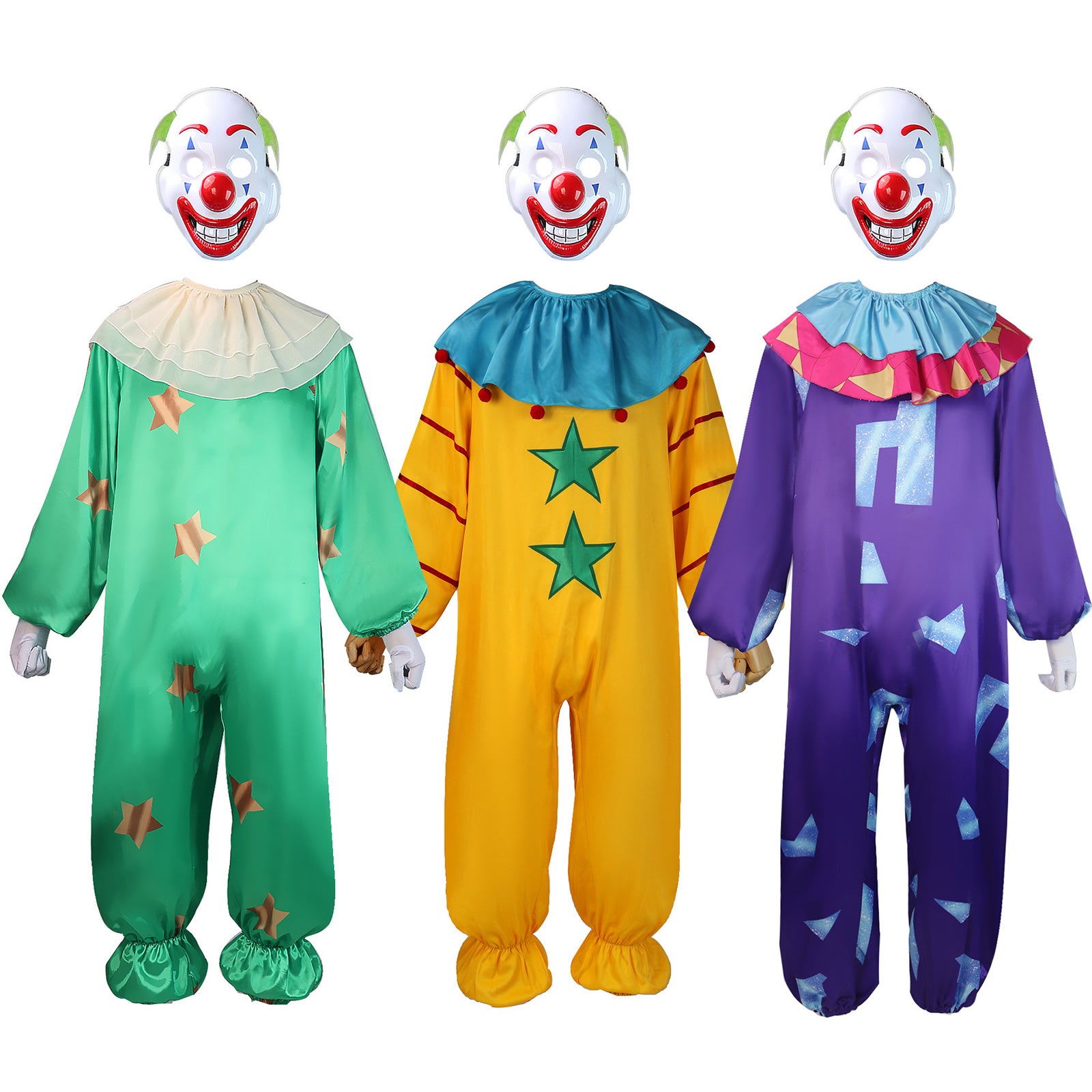 Clown Cosplay Costume Adult Jumpsuit Red Nose Mask Halloween Funny Fac