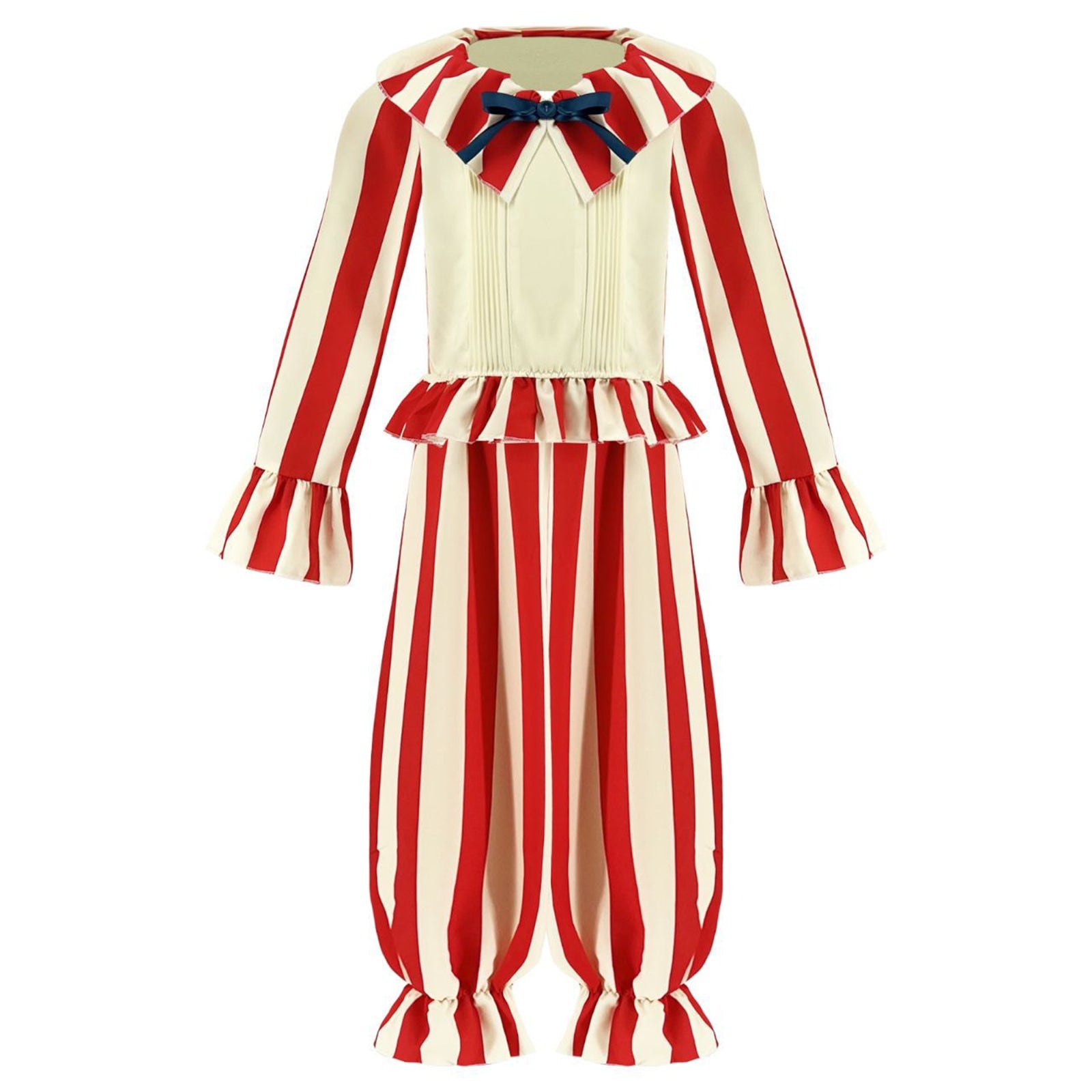 Kids Adult Clown Cosplay Costume Ivory Red Stripes Jumpsuit