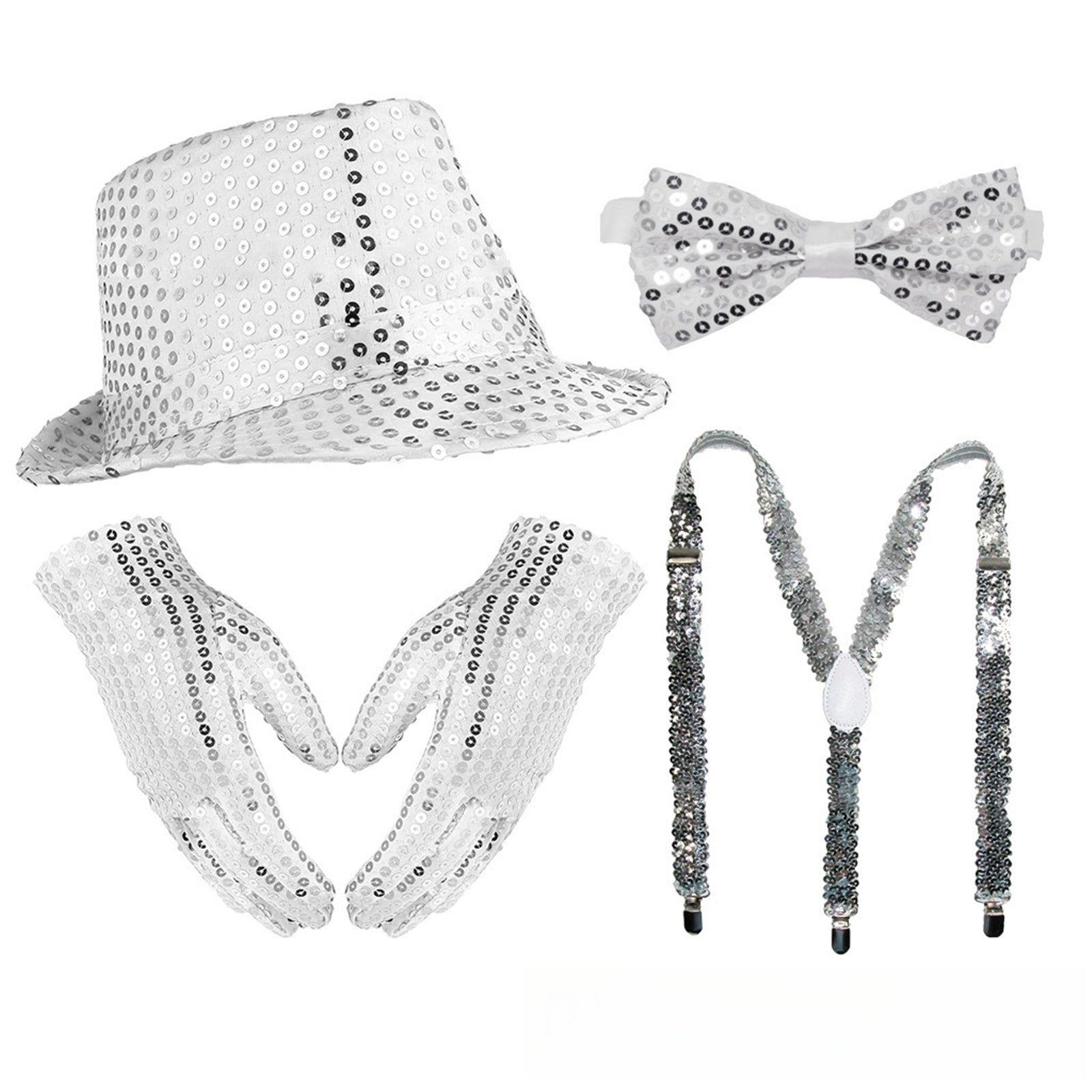 Men Jazz Dance Cosplay Golden Silver Sequin Hat Shoulder Strap Gloves