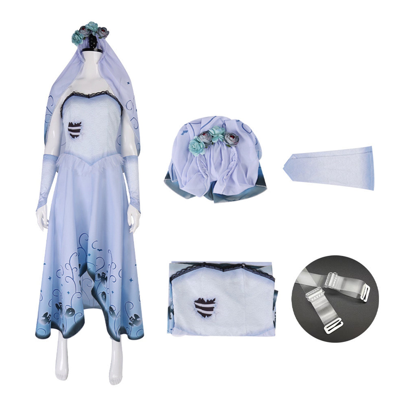 Movie Tim Burton's Corpse Bride Emelie Cosplay Costume Blue Dress