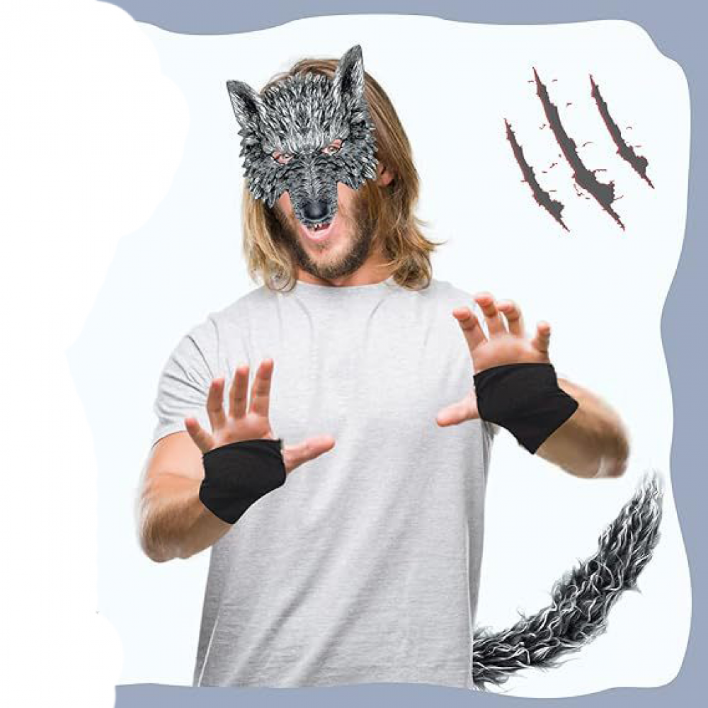 Realistic Wolf Mask Tail Costume Cosplay Adult Halloween Carnival ...