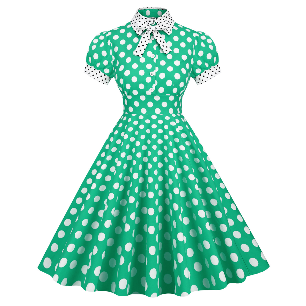 Women 50s Vintage Polka Dot Turn-Down Collar Cocktail Swing Dress